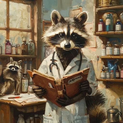 Raccoon veterinarian in busy animal hospital – IMAGELLA
