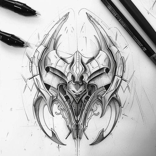 Futuristic tattoo sketch of a Batok motif with metallic effects and ...