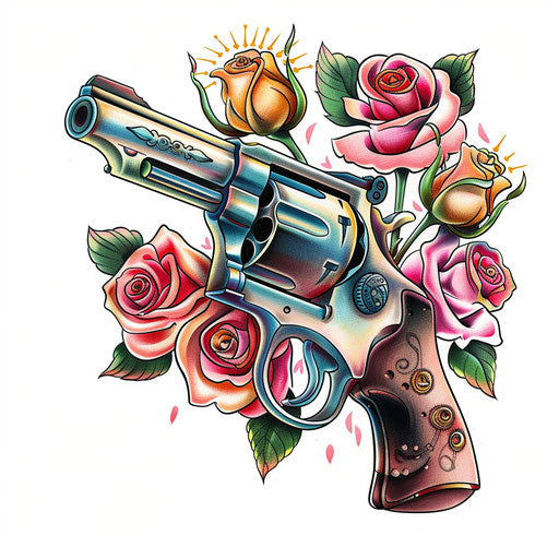 Classic revolver and roses in traditional American tattoo style – IMAGELLA