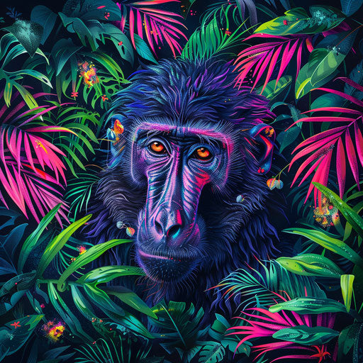 Baboon surrounded by lush greenery, colorful and vibrant – IMAGELLA
