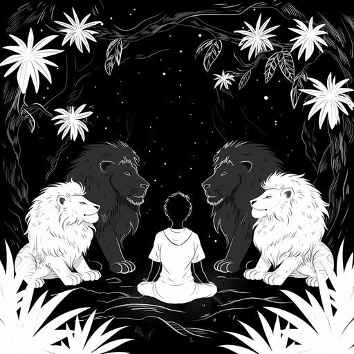 Daniel with shadowy lions in a mystical den, Ruben Ireland style – IMAGELLA