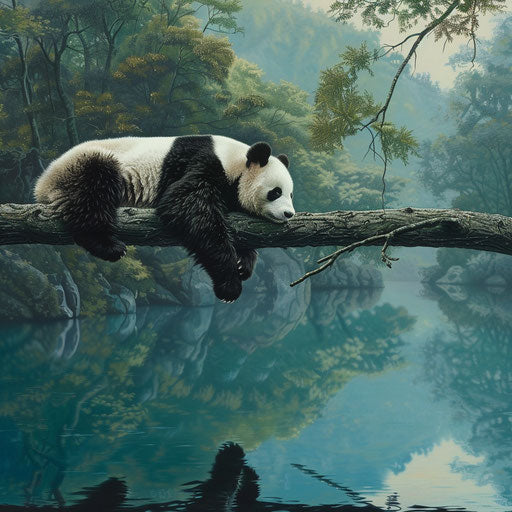Giant panda peacefully napping on branch over tranquil lake – IMAGELLA