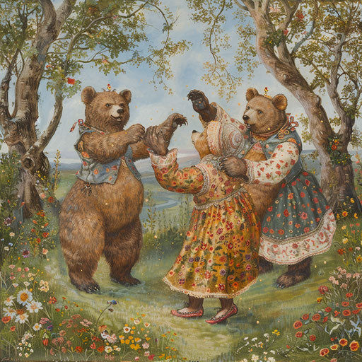 Festive scene of bears celebrating the arrival of spring with a dance ...
