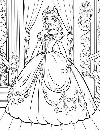 Princess in gown coloring page, graceful contours, vivid cartoon – IMAGELLA