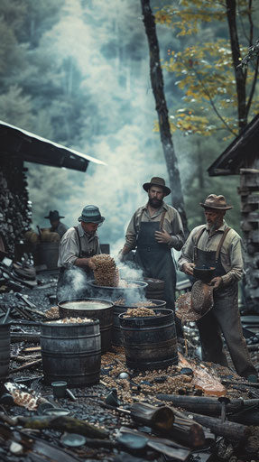 Colorized portrait of bootleggers making moonshine in the Appalachian ...