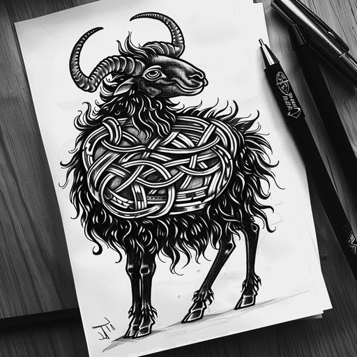 Sketch of a fierce black sheep with Celtic knot patterns – IMAGELLA