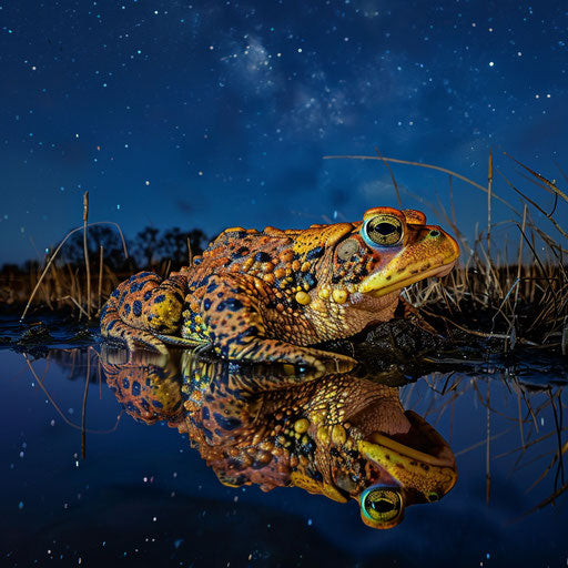 Western leopard toad by a small reflective pond during blue hour, stars ...