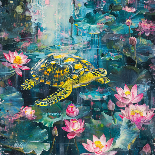 A vibrant scene of a yellow spotted turtle among blooming lotuses in a ...