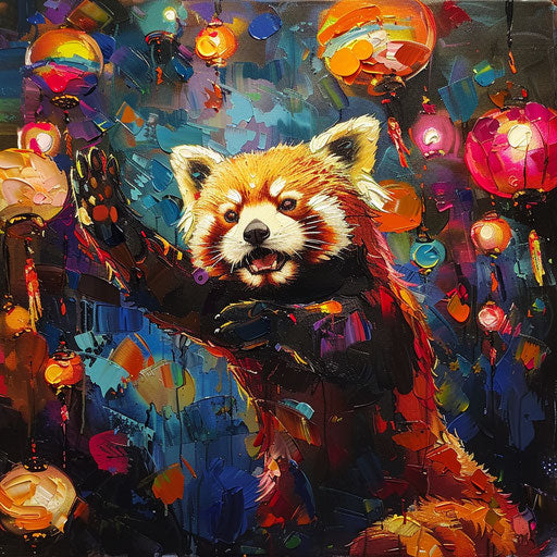 Vibrant painting of a red panda dancing in a festival with colorful ...