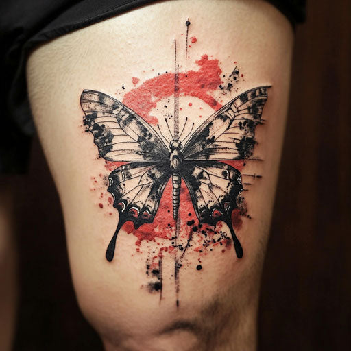Butterfly tattoo for men on thigh with samurai motifs, in the style of ...