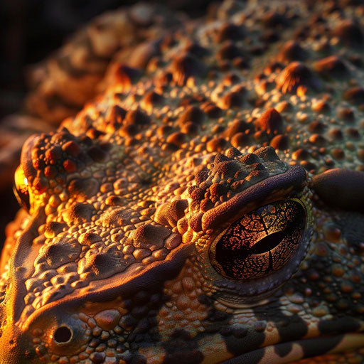 Intricate texture of a Western leopard toad's skin lit by soft sunset ...