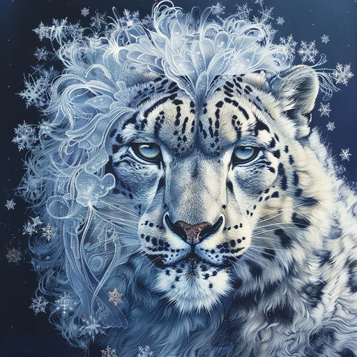 A snow leopard with a mane of ice crystals, exuding a regal aura ...