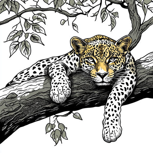 Leopard resting on a tree branch, in the style of Teagan White ...