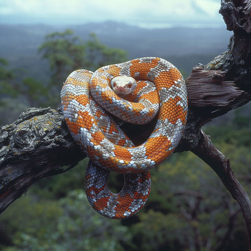 Corn snake curled up on a tree branch with a scenic background – IMAGELLA