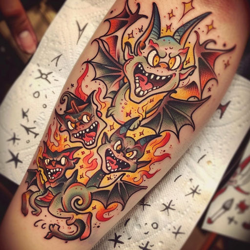 Charming flat tattoo sketch of a cartoonish hell with cheeky little ...