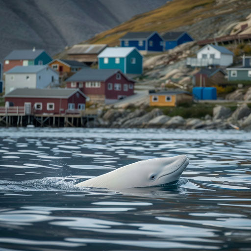 Ballena beluga nadando cerca de la aldea inuit, conexión entre locales ...