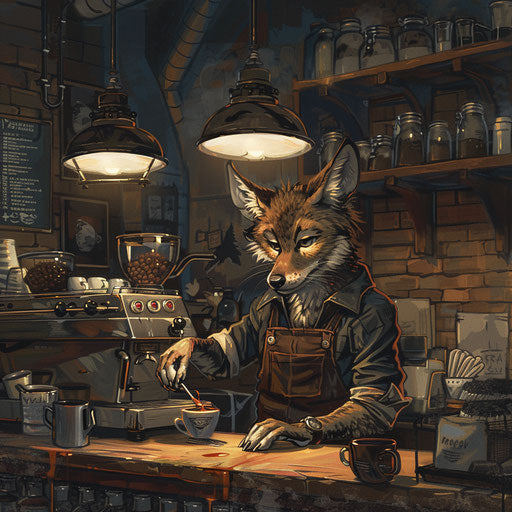 A coyote as a barista in a cozy, dimly-lit café – IMAGELLA