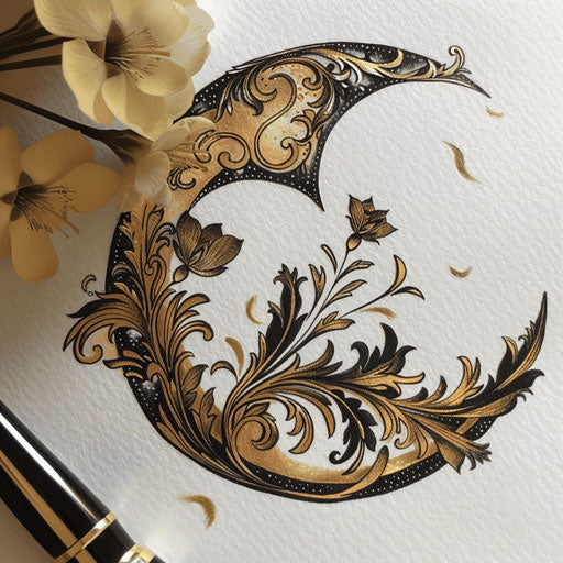 Stylized half moon with art nouveau ornaments, black and gold – IMAGELLA