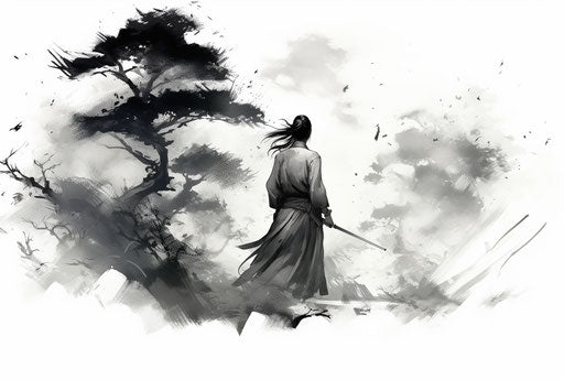 Yokozuna swordswoman and trees in light white and dark gray style ...