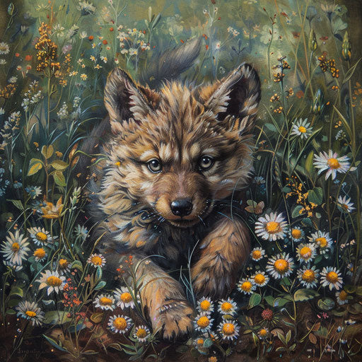 Young wolf pup's first venture into a field of wildflowers – IMAGELLA