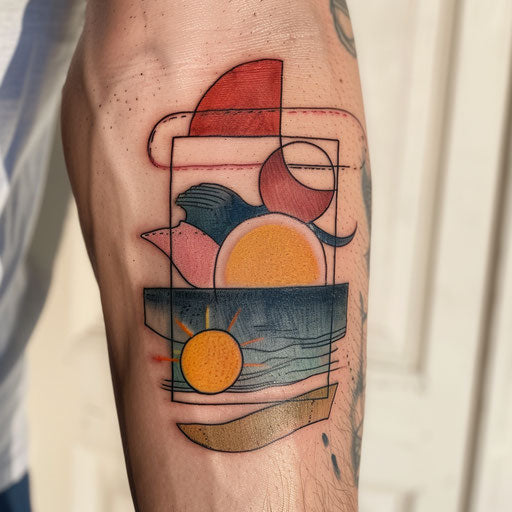 Abstract geometric beach design with sun, sea, sand elements in bold ...