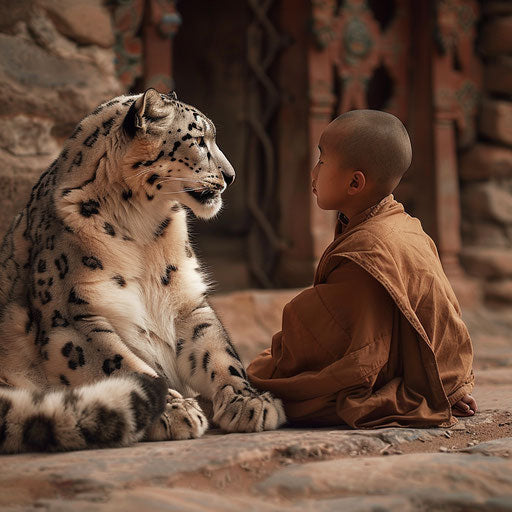 Snow leopard and young monk in secluded monastery – IMAGELLA
