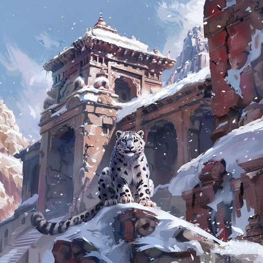 Snow leopard guarding an ancient snow-covered temple – IMAGELLA