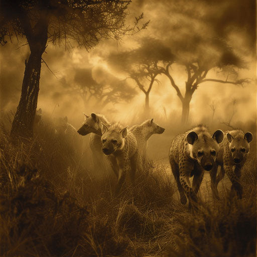 Hyenas in an ethereal sepia scene, in the style of Gregory Colbert ...