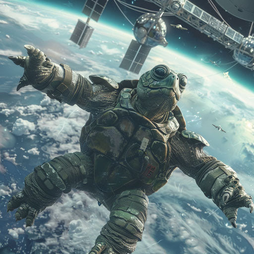 Turtle astronaut near space station, Earth in background – IMAGELLA