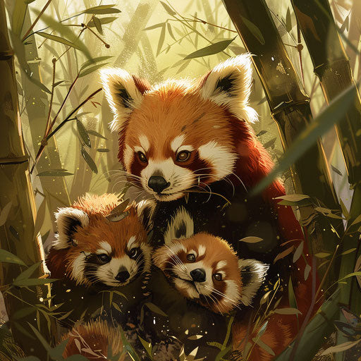A mother red panda guiding her cubs through a dense bamboo thicket ...