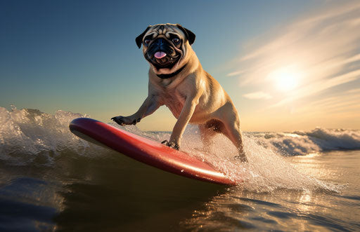Pug dog surfing on a surfboard – IMAGELLA