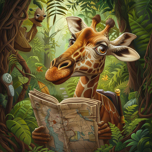 Giraffe explorer navigating in Amazon rainforest with map and compass ...