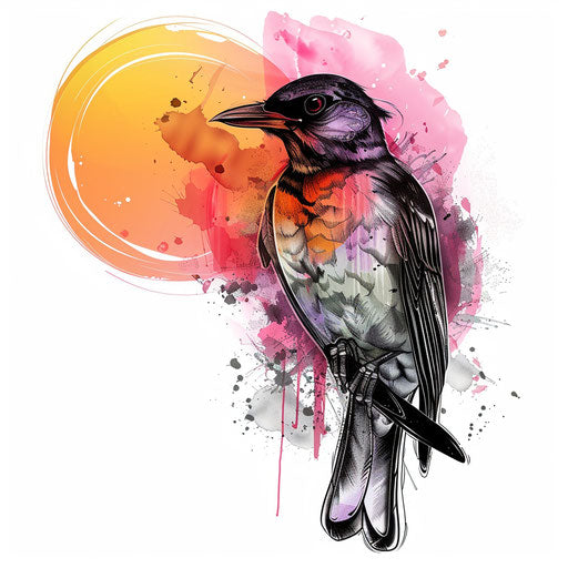 Modern flat tattoo sketch of a blackbird with abstract watercolor ...