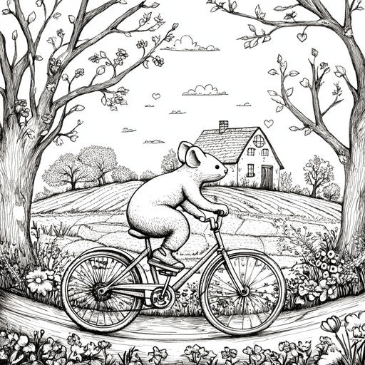 Mouse on a bike in the countryside, Ruben Ireland style, coloring ...