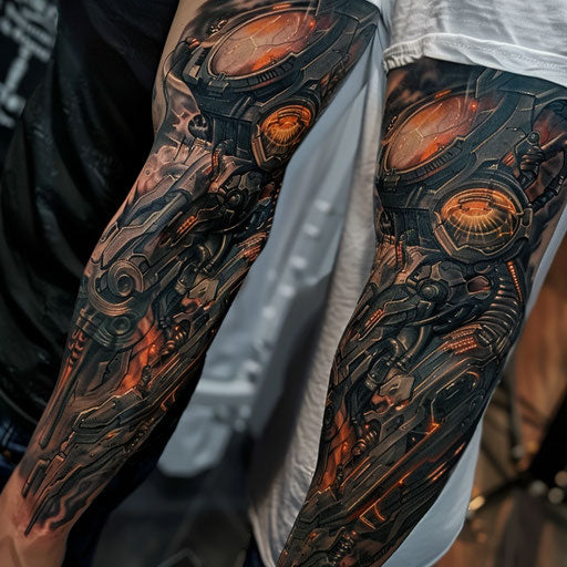 Sleeve tattoo with futuristic and cybernetic themes – IMAGELLA