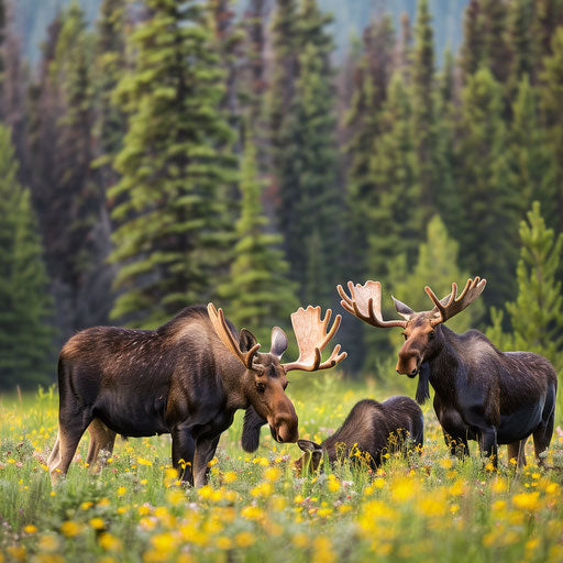 Family of moose grazing in a wildflower meadow in spring – IMAGELLA