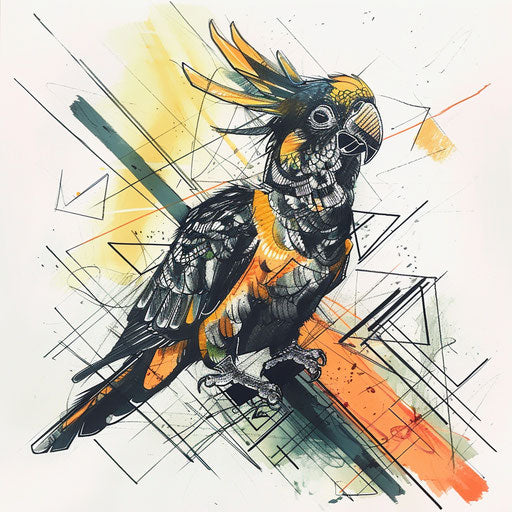 Artistic sketch of black cockatoo with yellow tail featuring abstract ...