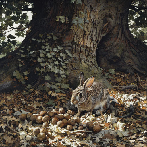 White tail rabbit nibbling on acorns in the shadow of an ancient oak ...