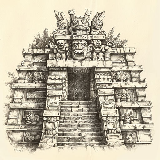 Sketch of a Chicano art Aztec temple tattoo – IMAGELLA