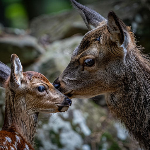 Intimate moment of a mother Yezo sika deer nuzzling her newborn fawn in ...