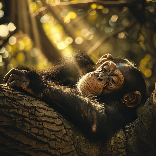 Chimpanzee resting in a tree with sunlight filtering through – IMAGELLA