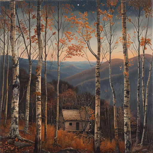 Birch trees in fall Appalachian mountains, cabin in far distance at ...