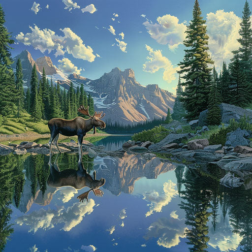 A moose and its reflection in the calm waters of a high-altitude alpine ...
