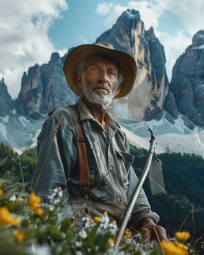Italian Dolomites with a 65-year-old man holding a silver scythe – IMAGELLA