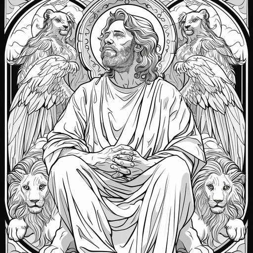 Daniel mit Löwen und engelhaften Figuren, im Stil von Jen Bartel – IMAGELLA