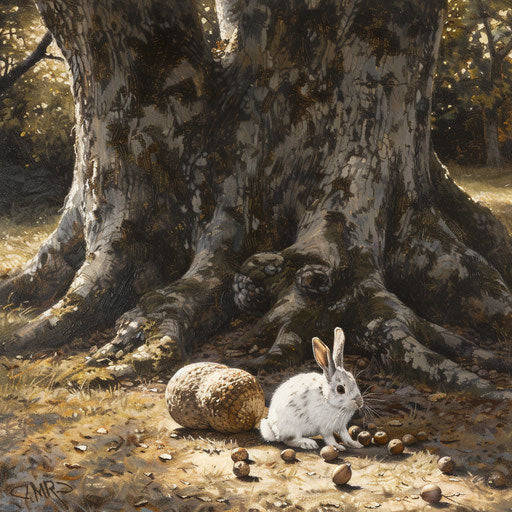 White rabbit nibbling on acorns in the shadow of an old oak tree – IMAGELLA