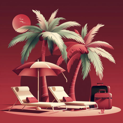 Realistic vacation clipart on burgundy background, luminous effect ...