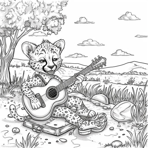A whimsical cheetah playing a guitar and singing in the savannah – IMAGELLA