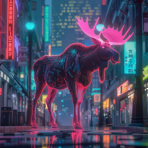 A neon-lit moose in a futuristic cityscape at night – IMAGELLA