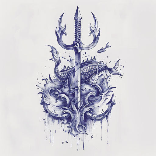 Japanese ink trident tattoo with waves and koi fish – IMAGELLA